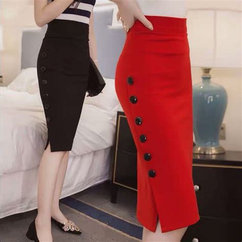 New Hip Slit Pencil Skirt With Buttons Shopee Malaysia