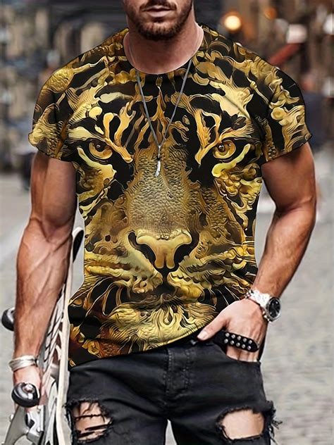 Mens 3d Tiger Print T Shirt Casual Comfy Mid Stretch Crew Neck Tee