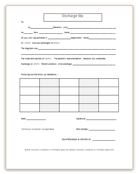 Patient Discharge Slip Templates Free Report Templates