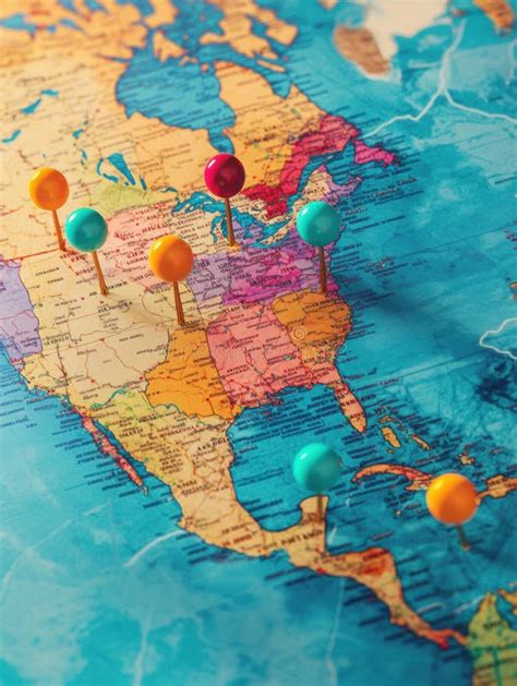 Colorful Travel Map Showcasing Vibrant Destinations With Pins Marking Notable Locations Across