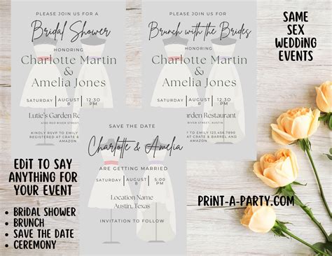 Editable Same Sex Wedding Event Invite Bridal Shower Brunch Save