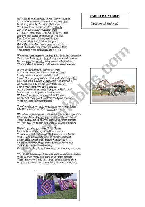 Amish Paradise Song Esl Worksheet By Muriel F