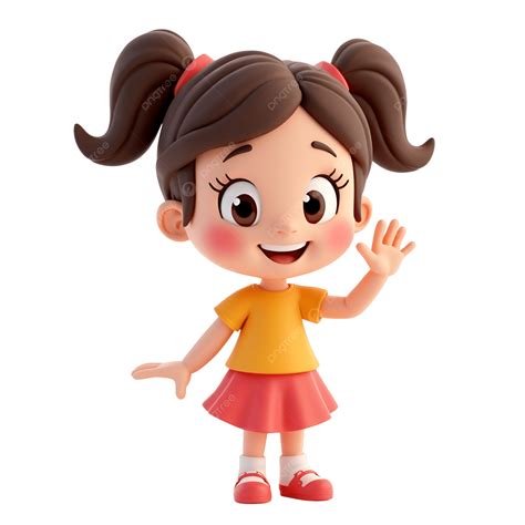 Happy Animated Girl Wearing Orange Dress Waving Hand With Big Eyes And