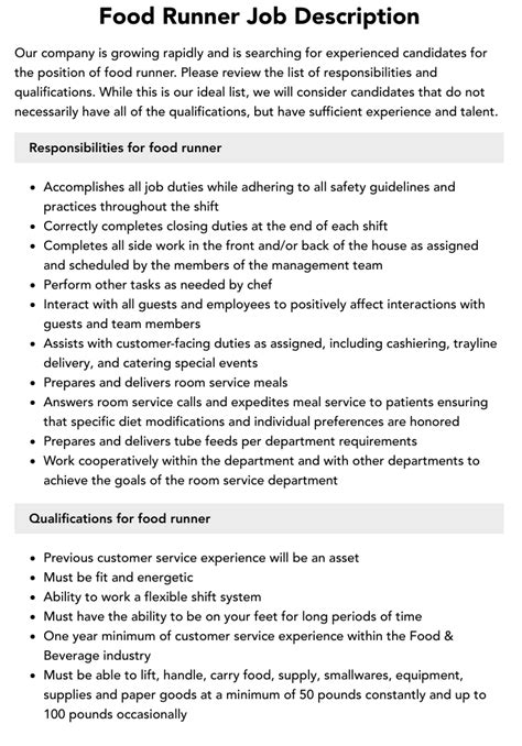 Food Runner Job Description Velvet Jobs