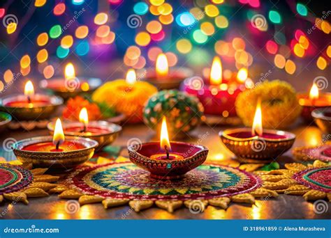 Deepak Lights On Dewali Front View Of Traditional Indian Oil Lamps