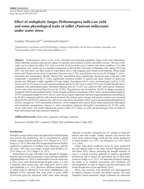 Pdf Effect Of Endophytic Fungus Piriformospora Indica On Yield And Some Physiological Traits