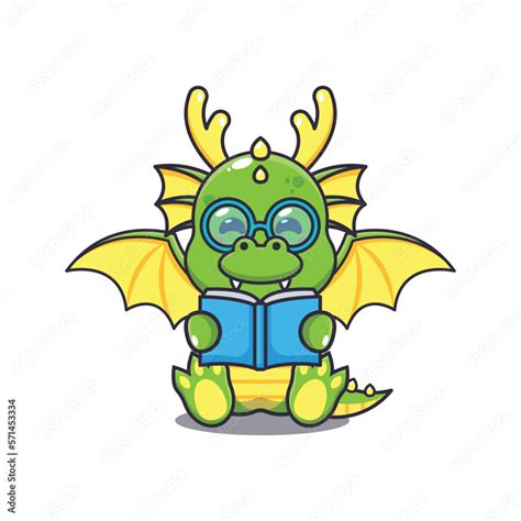 Cute Dragon Reading A Book Cartoon Vector Illustration Vector Cartoon