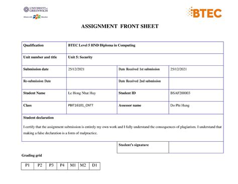 Unit 5 Assignment 1 Frontsheet ASSIGNMENT FRONT SHEET Qualification