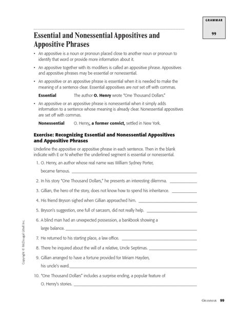 Essential And Nonessential Appositives And 99 Appositive Pdf Phrase
