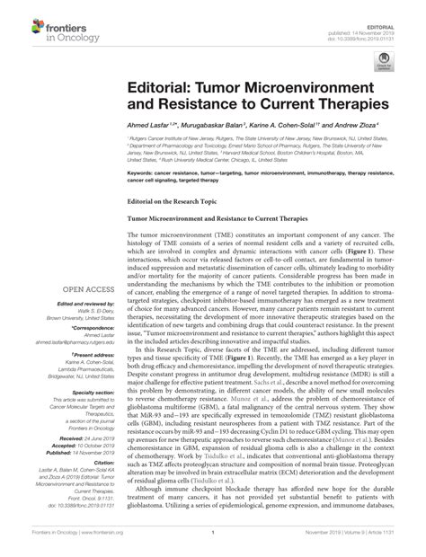 Pdf Editorial Tumor Microenvironment And Resistance To Current Therapies
