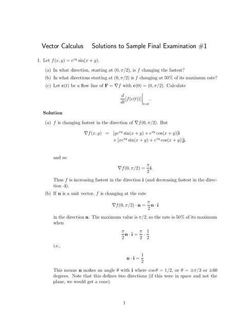 Vector Calculus Solutions To Sample Final Examination 1 Exams Vector