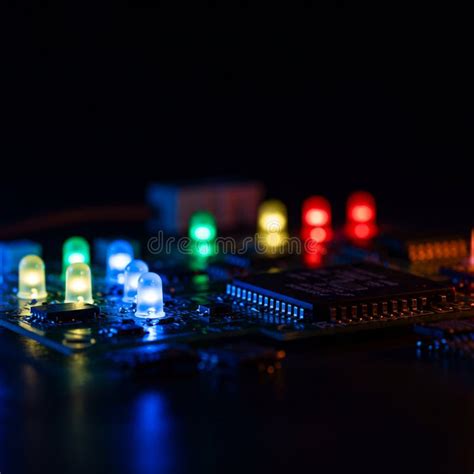 Close Up Of A Circuit Board Illuminated By Various Colored Leds