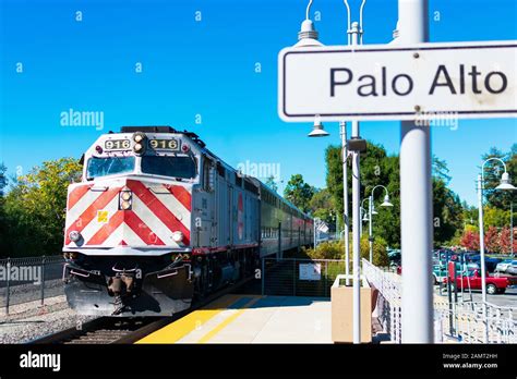 Emd F40ph Diesel Locomotive In Caltrain Livery Is Approaching Palo Alto