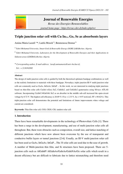 Pdf Triple Junction Solar Cell With Cu In1 X Gex Se As Absorbents Layers