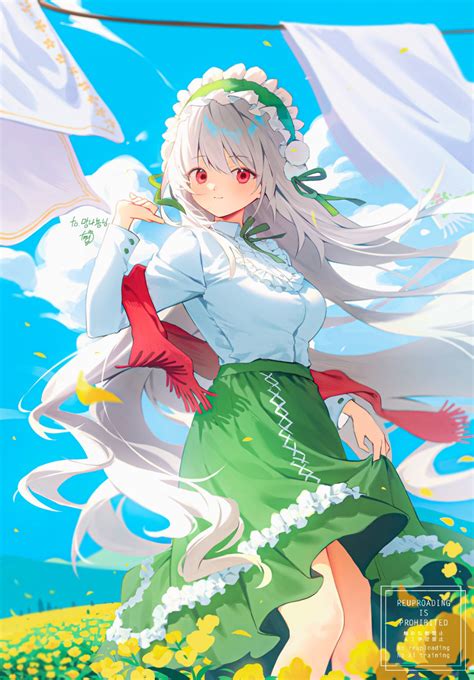 Safebooru 1girl Blue Sky Blush Breasts Clouds Commentary Request Day