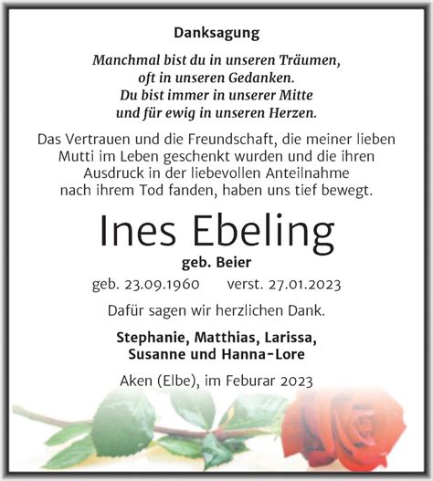 Traueranzeigen Von Ines Ebeling Abschied Nehmende