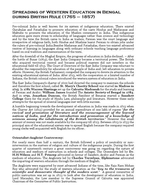 Spread Of Western Education In Bengal From 1765 1857 Pdf East India