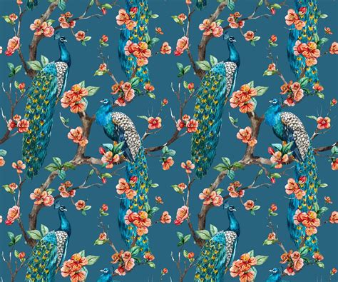 Peacock And Floral Pattern Wallpaper Bobbi Beck