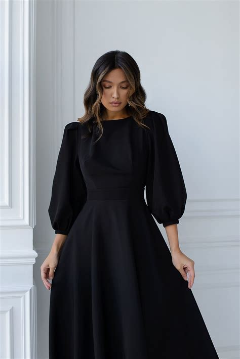 Black Backless Puff Sleeve Midi Dress Elagia Full Length Black