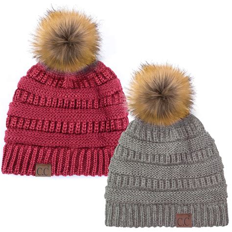 Cc Hat 43 Thick Warm Cap Hat Skully Faux Fur Pom Pom Cable Knit Beanie
