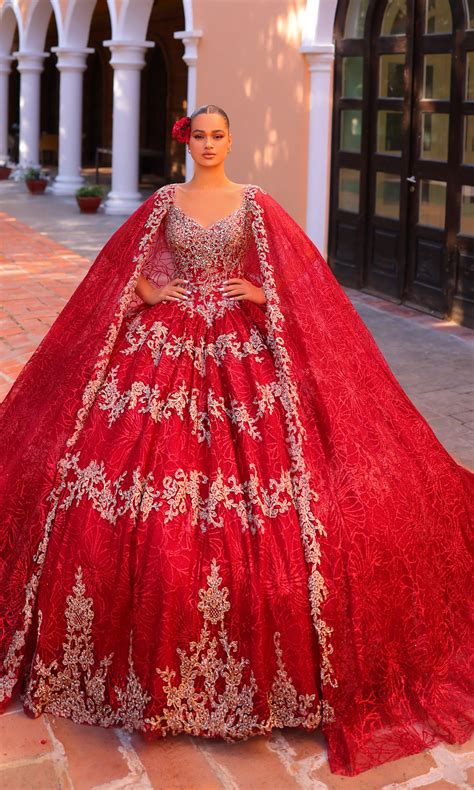 Red And Gold Quince Dress With Cape Sleeves Promgirl