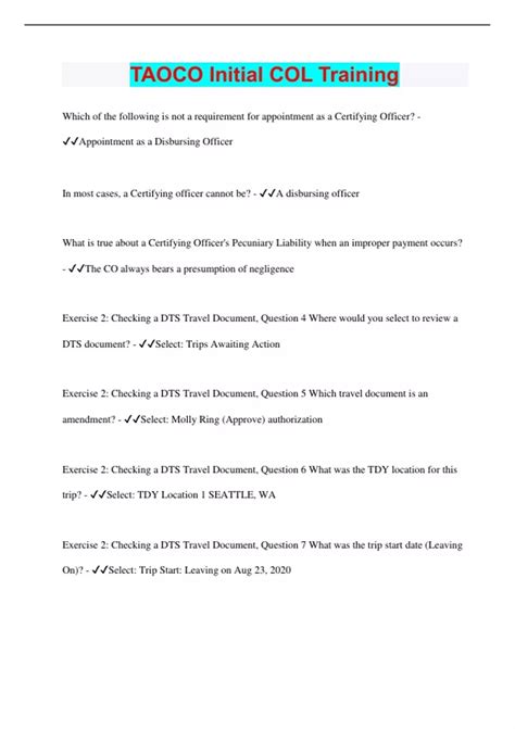 Taoco Initial Col Training 2023 Questions With 100 Correct Answers
