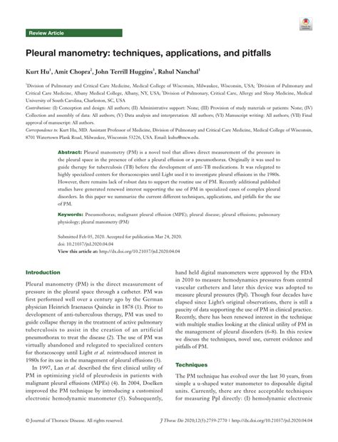 Pdf Pleural Manometry Techniques Applications And Pitfalls