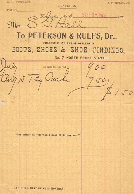Shoe Store Invoice September 1 1906 New Hanover County Nc