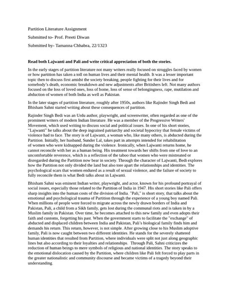 Partition Literature Assignment Preeti Diwan Pdf Partition Of India