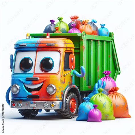 Cartoon Illustration Of Cute Colorful Happy Garbage Truck On White