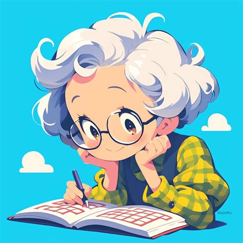 Mujer Anciana Blanca Haciendo Crucigramas Vector Premium