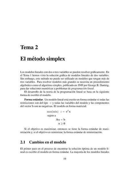Método Simplex Programación Lineal Tema 2 El Metodo Simplex ́ Los Modelos Lineales Con Dos O