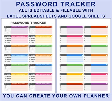 Password Tracker Template For Excel Spreasheets Editable Fillable