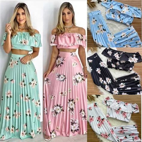 Conjunto Floral Com Saia Longa Plissada E Cropped Ciganinha Verao 2022