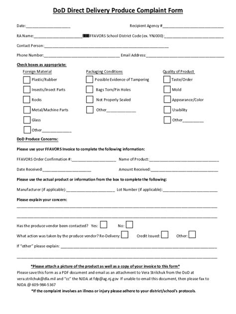 Fillable Online Dod Direct Delivery Produce Complaint Form Fax Email
