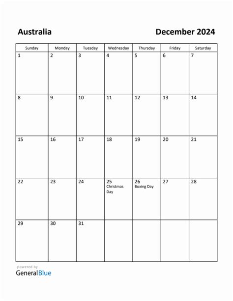 December 2024 Australia Monthly Calendar With Holidays