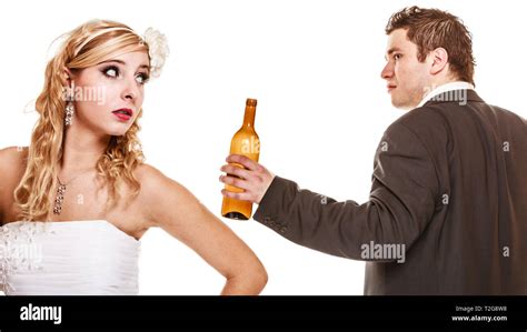 Wedding Couple Unhappy Bride With Alcoholic Drinking Groom Woman