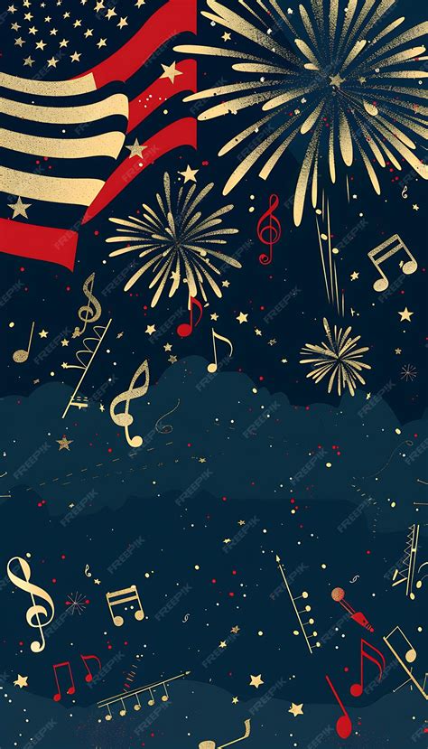 Fireworks And Musical Notes Are Flying In The Sky With A Flag Premium