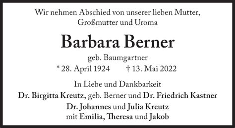 Traueranzeigen Von Barbara Berner Sz Gedenkende