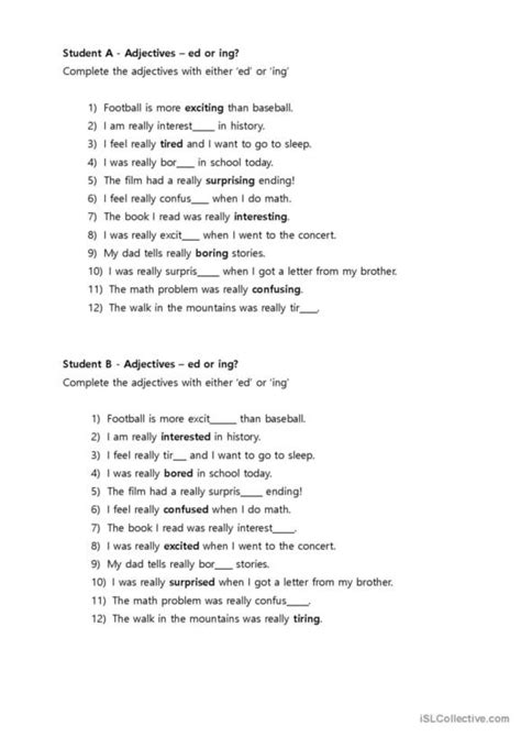 60 Adjectives With Ed Or Ing English Esl Worksheets Pdf