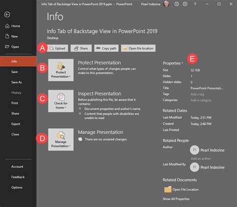 info tab of backstage view in powerpoint 2019 for windows