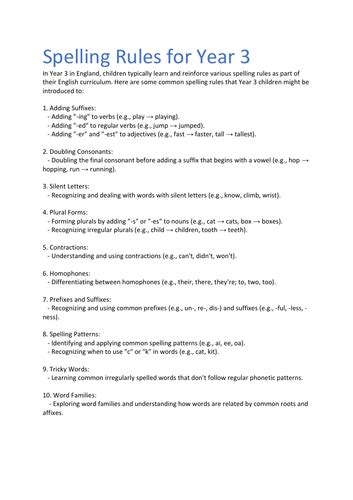 Year 3 Spelling Rule Overview And Example Questions And Answers For
