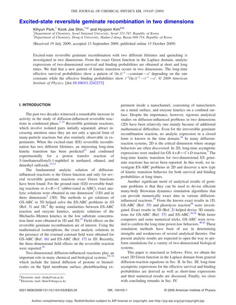 Pdf Excited State Reversible Geminate Recombination In Two Dimensions