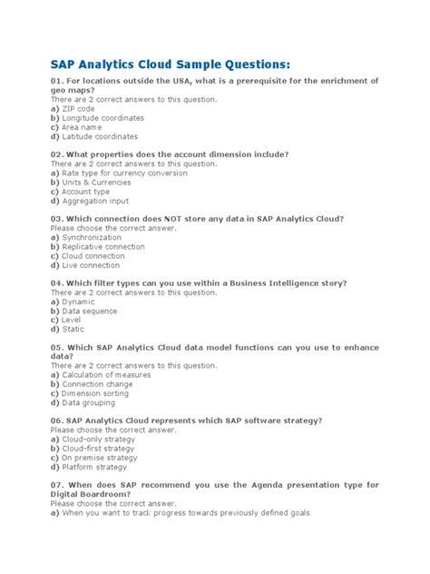 Sap Analytics Cloud Sample Questions Erp Pdf Analytics Cloud Computing