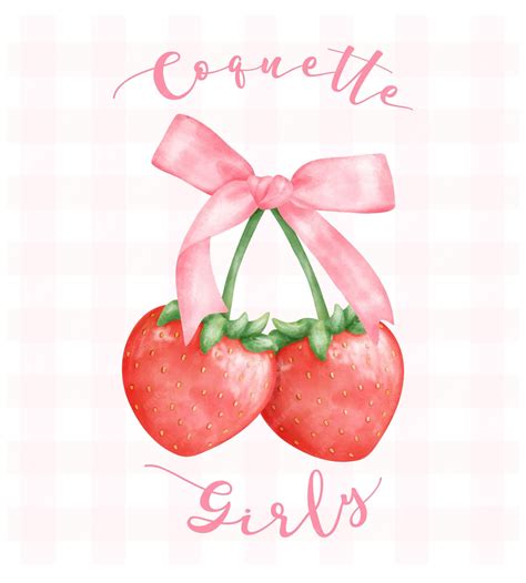 Coquette Fresas Con Cinta Rosada Arco Vicotira Estética Acuarela Dibujo
