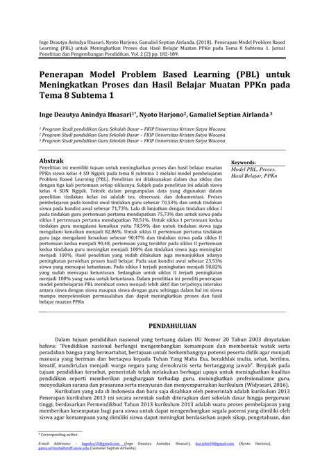 Pdf Penerapan Model Problem Based Learning Pbl Untuk Meningkatkan Proses Dan Hasil Belajar