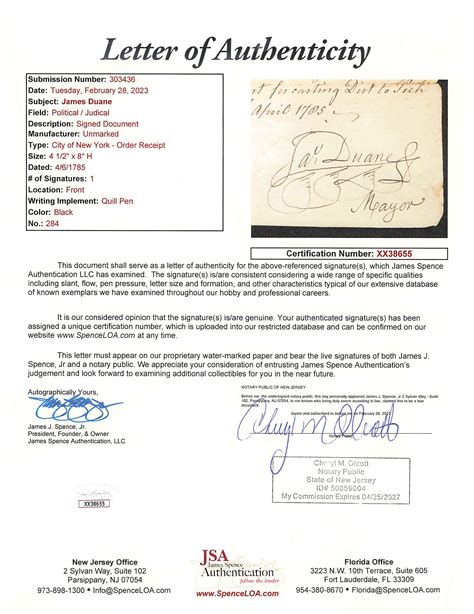 Lot Detail James Duane Signed Document