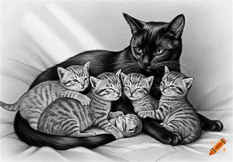 A Black And White Pencil Drawing Of A Mother Cat With Four Small