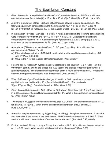Equilibrium Constant Practice Problems