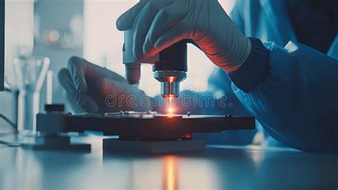 Close Up Of A Scientist Examining A Sample Under A High Powered Microscope In A Cutting Edge